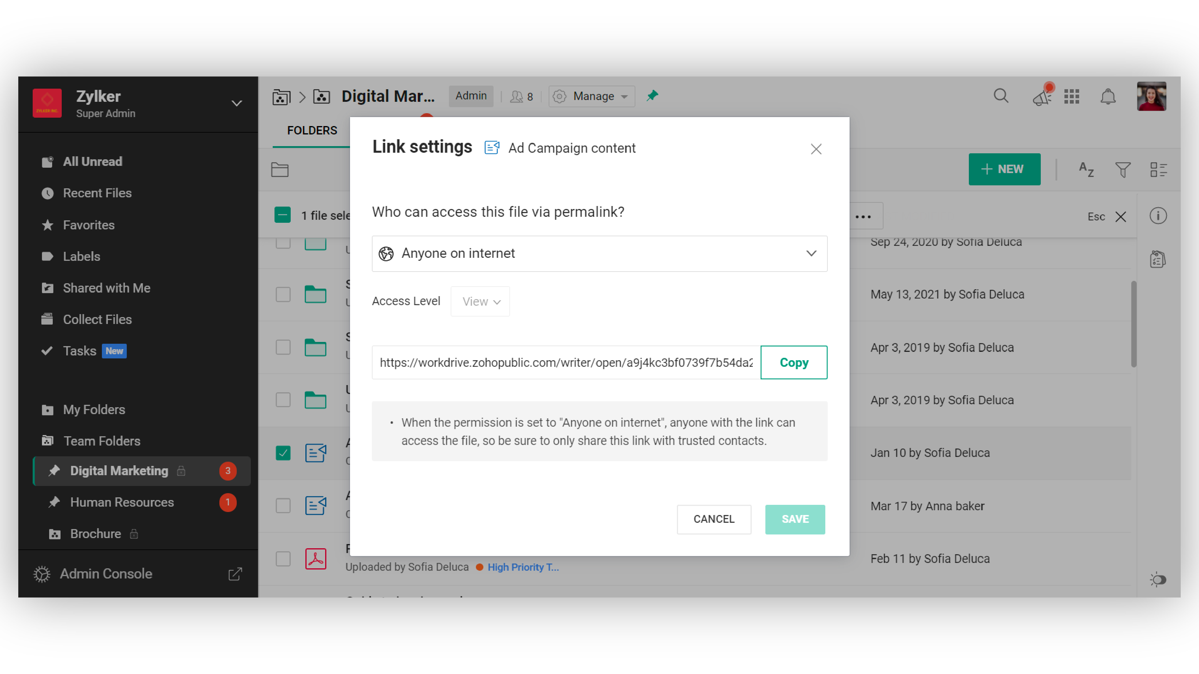 Secure file transfer solution | Zoho WorkDrive